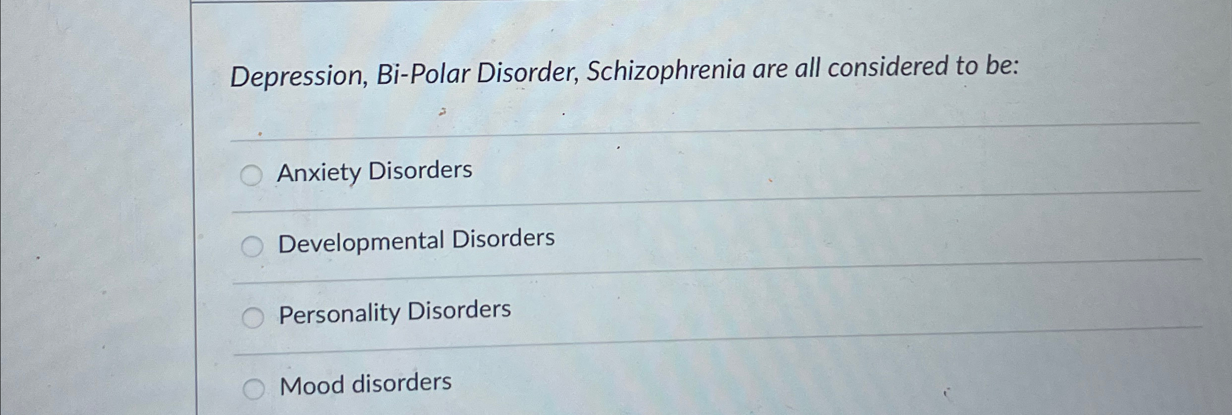 Solved Depression, Bi-Polar Disorder, Schizophrenia are all | Chegg.com