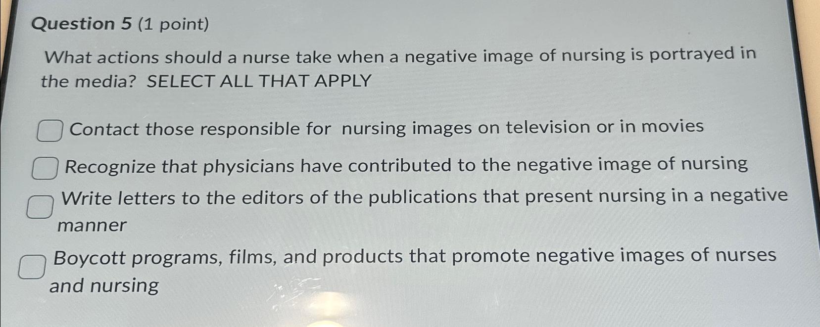 Solved Question 5 (1 ﻿point)What actions should a nurse take | Chegg.com