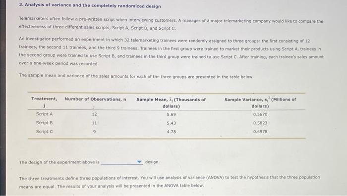 3. Analysis of variance and the completely randomized | Chegg.com