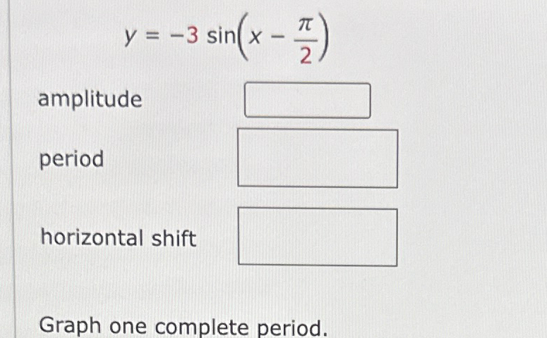 Solved y=-3sin(x-π2)amplitudeperiodhorizontal shiftGraph one | Chegg.com