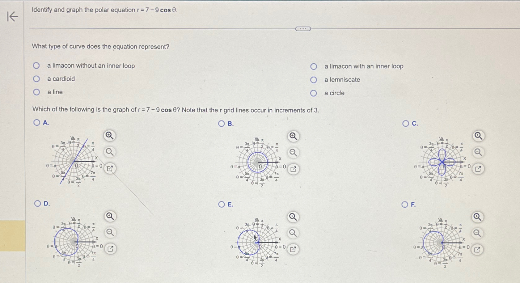 Solved Identify and graph the polar equation r=7-9cosθ.What | Chegg.com