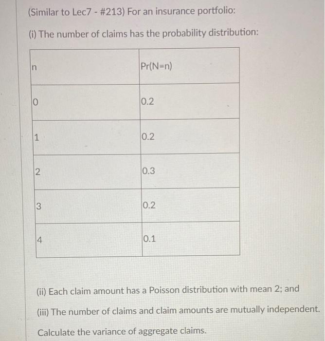 Solved (Similar to Lec7 - \#213) For an insurance portfolio: | Chegg.com