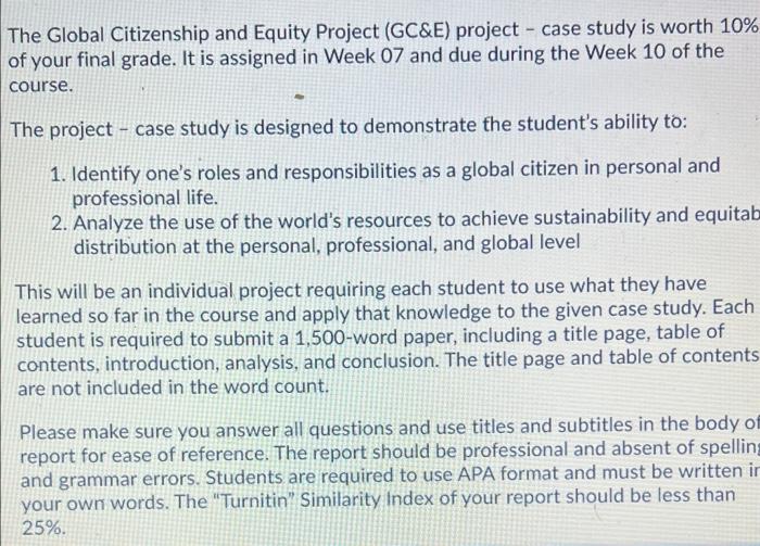 Solved The Global Citizenship and Equity Project (GC&E) | Chegg.com