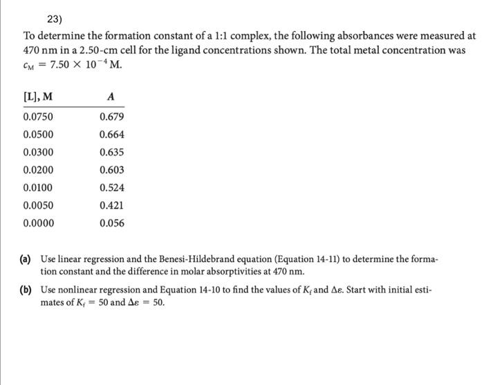 Solved 23) To determine the formation constant of a 1:1 | Chegg.com