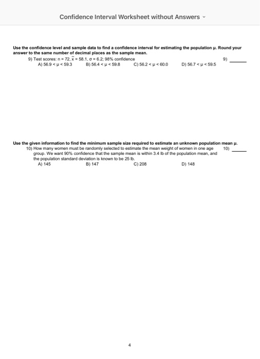 Solved Confidence Interval Worksheet without Answers MAT 157 | Chegg.com