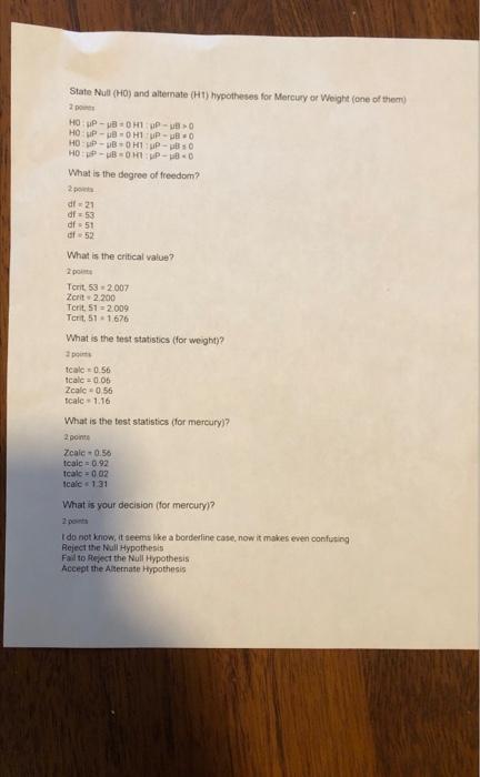 1. Fish (comparing mercury concentration and body | Chegg.com