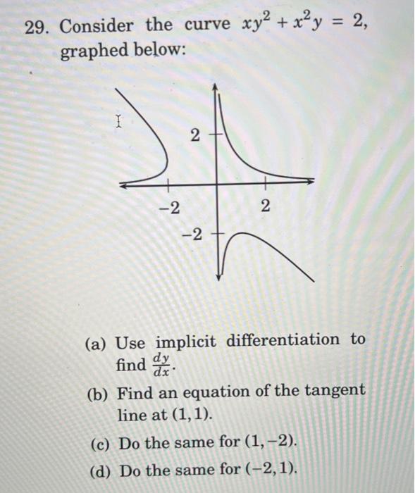 Solved 29. Consider the curve xy2+x2y=2, graphed below: (a) | Chegg.com