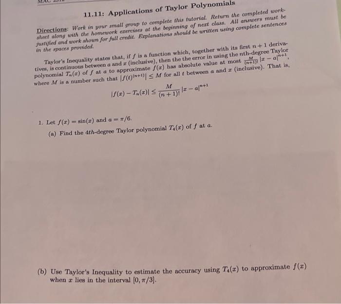 Solved 11.11: Applications of Taylor Polynomials Directions: | Chegg.com