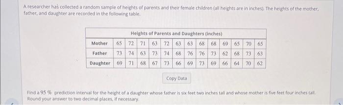 Solved A researcher has collected a random sample of heights | Chegg.com