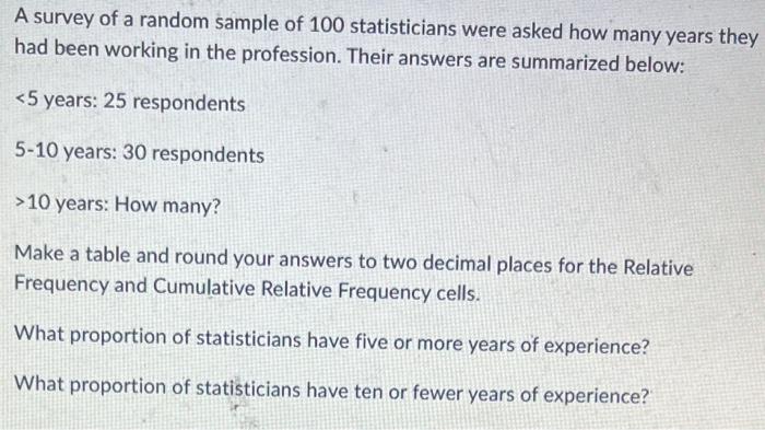 Solved A survey of a random sample of 100 statisticians were | Chegg.com