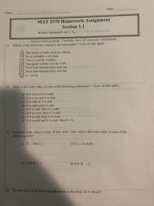 Solved Date: Name: MAT 2570 Homework Assignment Section 1.1 | Chegg.com