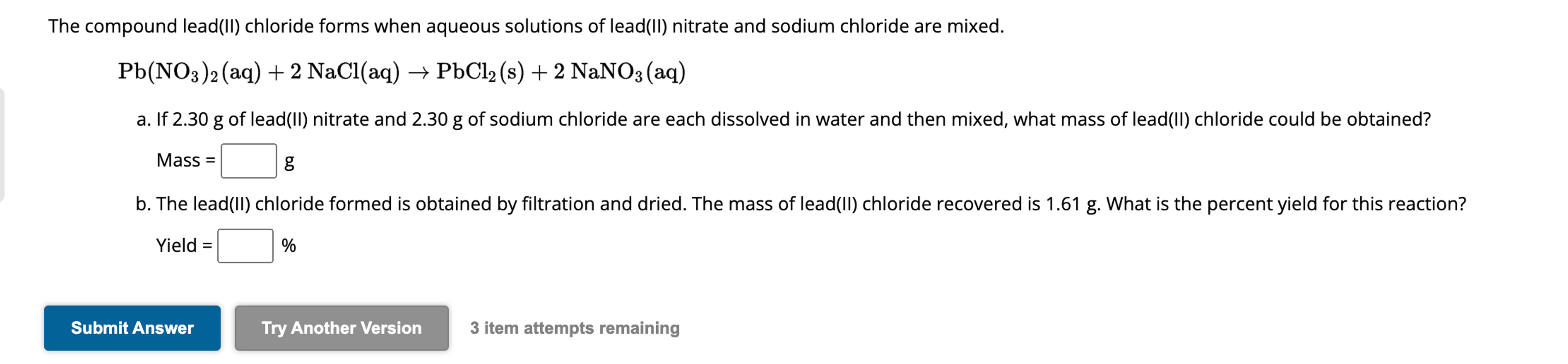 Solved The compound lead(II) ﻿chloride forms when aqueous | Chegg.com