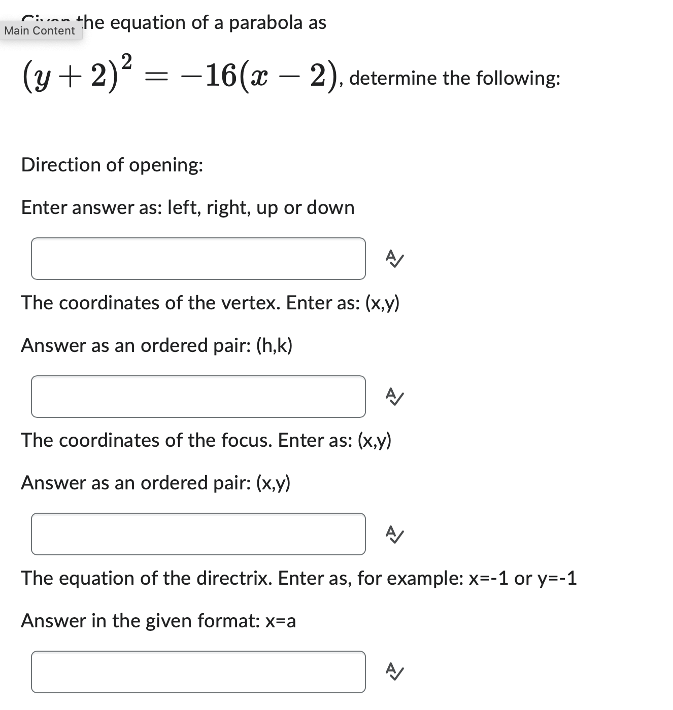 Solved Main Content the equation of a parabola | Chegg.com