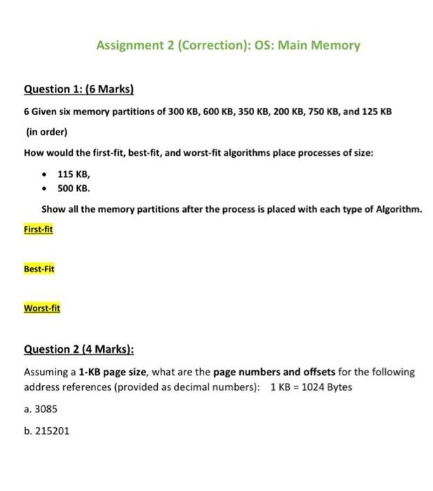 Solved Assignment 2 (Correction): OS: Main Memory Question | Chegg.com