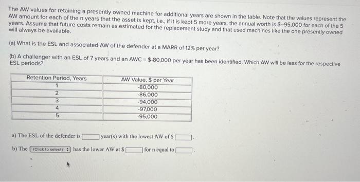 Solved The AW values for retaining a presently owned machine | Chegg.com