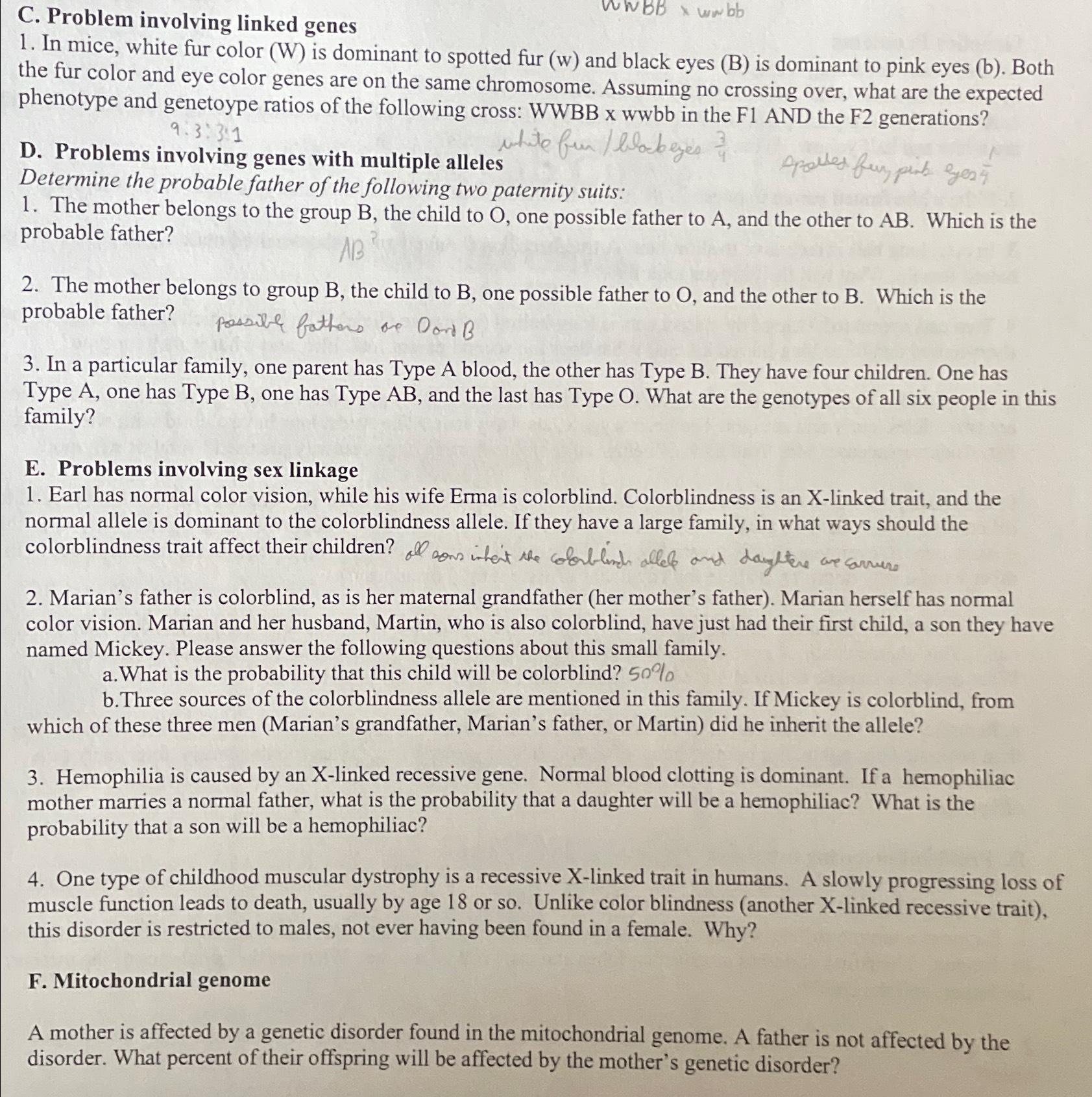 Solved C. ﻿Problem involving linked genesIn mice, white fur | Chegg.com