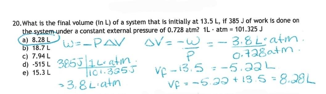 Solved 20. What is the final volume (in L) of a system that | Chegg.com