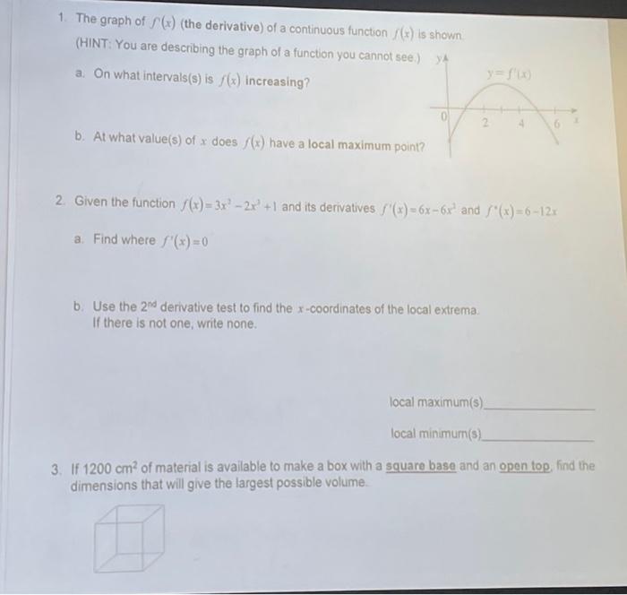 Solved 1. The graph of f(x) (the derivative) of a continuous | Chegg.com