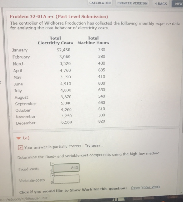 Solved CALCULATOR PRINTER VERSION (BACK NEX Problem 22-01A | Chegg.com