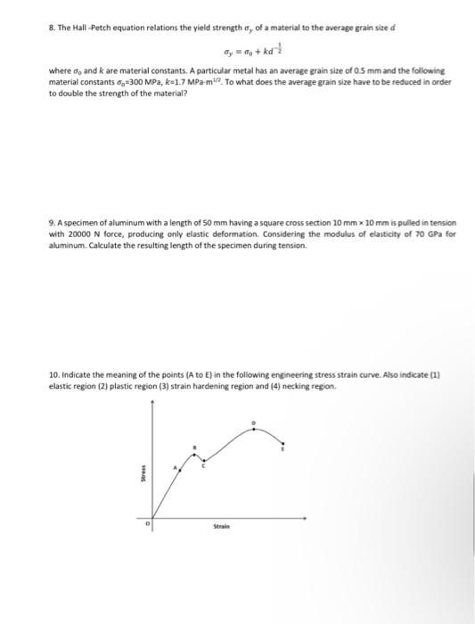 Solved 8. The Hall -Petch equation relations the yield | Chegg.com