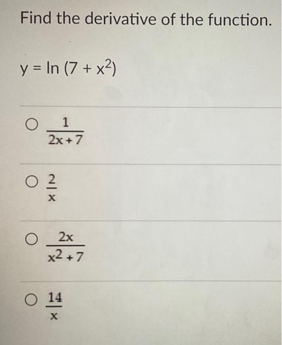 Solved Find the derivative of the function. y=ln(7+x2) 2x+71 | Chegg.com