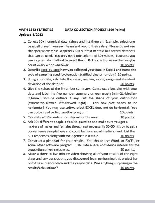 Solved MATH 1342 STATISTICS DATA COLLECTION PROJECT (100 | Chegg.com