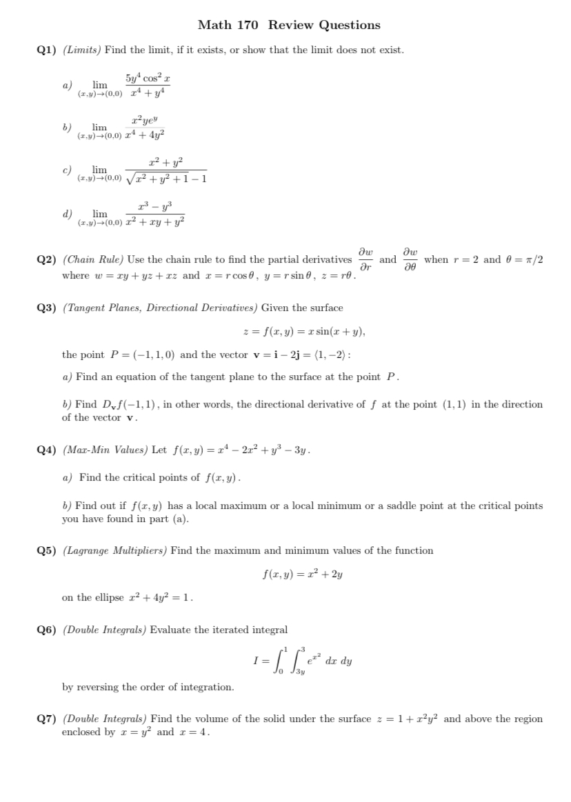 Solved Math 170 ﻿Review QuestionsQ1) (Limits) ﻿Find the | Chegg.com