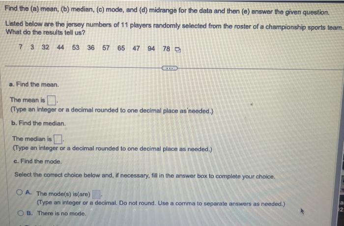 Solved Find the (a) mean, (b) median, (c) mode, and (d) | Chegg.com