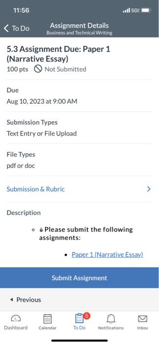 Solved 5.3 Assignment Due: Paper 1 (Narrative Essay) 100 pts | Chegg.com
