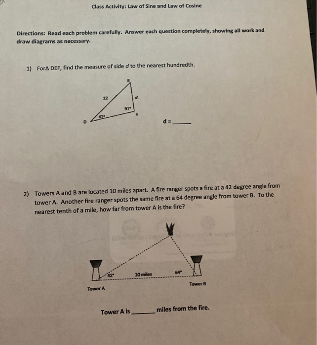 Solved Class Activity: Law of Sine and Law of Cosine | Chegg.com