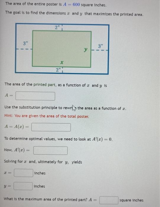 Solved The area of the entire poster is A=600 square inches. | Chegg.com