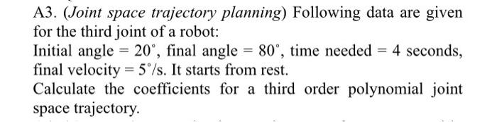 Solved A3. (Joint space trajectory planning) Following data | Chegg.com