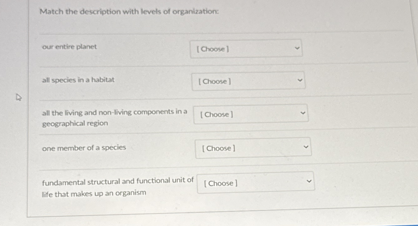 Solved Match the description with levels of organization:our | Chegg.com