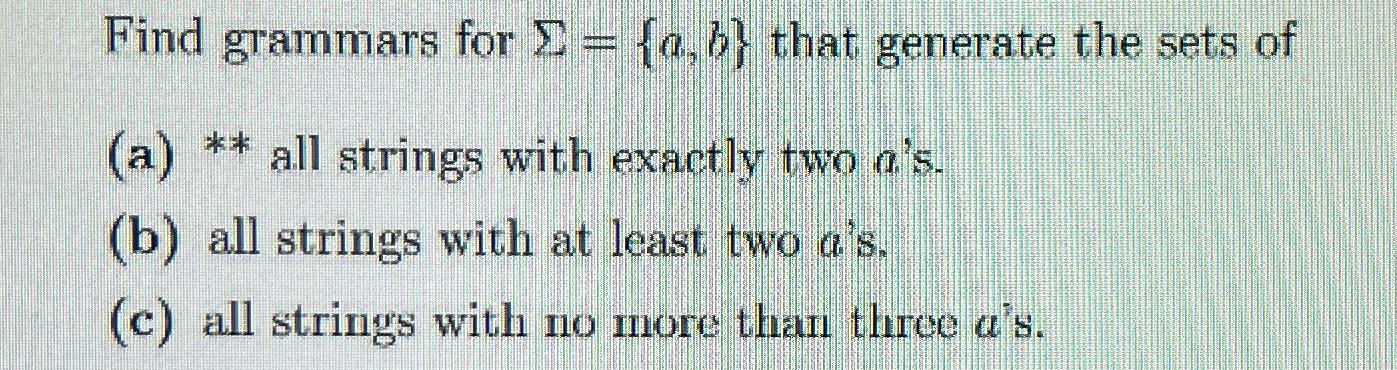 Solved Find grammars for Σ={a,b} ﻿that generate the sets | Chegg.com