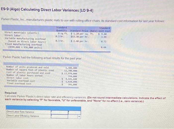 Solved E9-9 (Algo) Calculating Direct Labor Variances [LO | Chegg.com