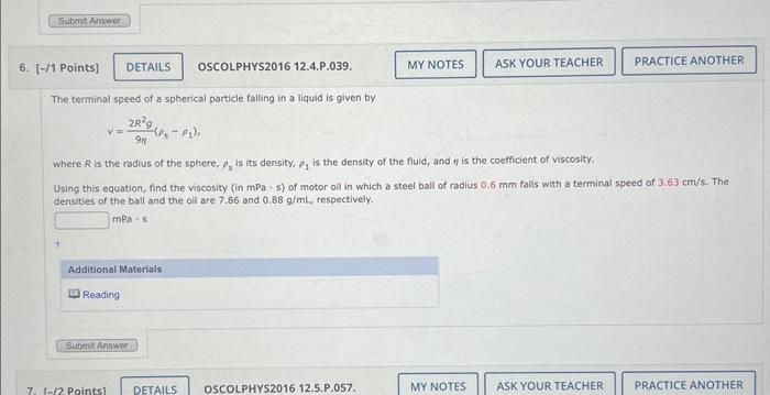 Solved The terminal speed of a spherical particle falling in | Chegg.com