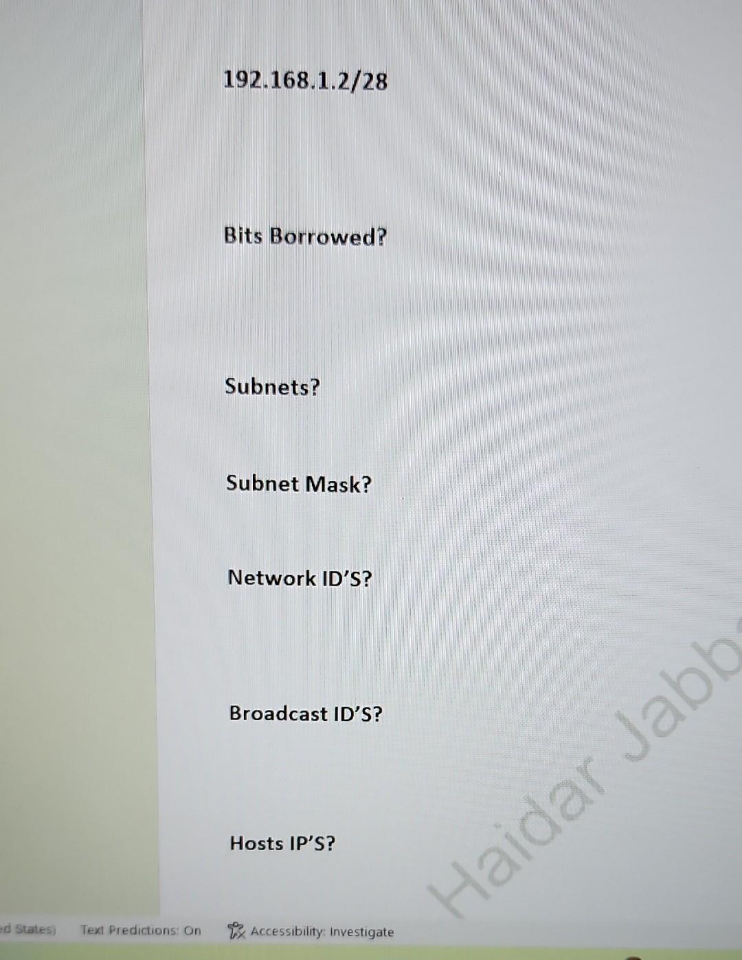 Solved 192.168.1.2/26 Bits Borrowed? Subnets? Subnet Mask? | Chegg.com