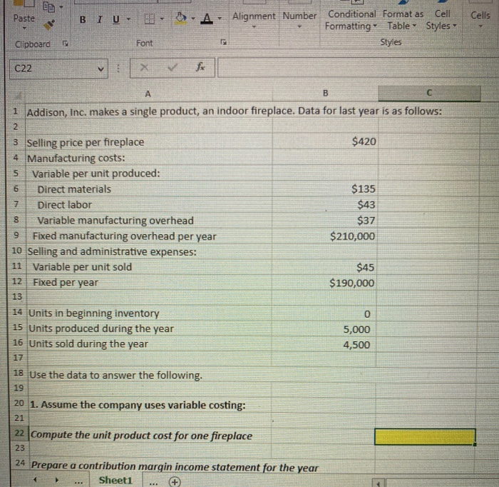 Solved Paste B I U- Cells - - A Alignment Number Conditional | Chegg.com