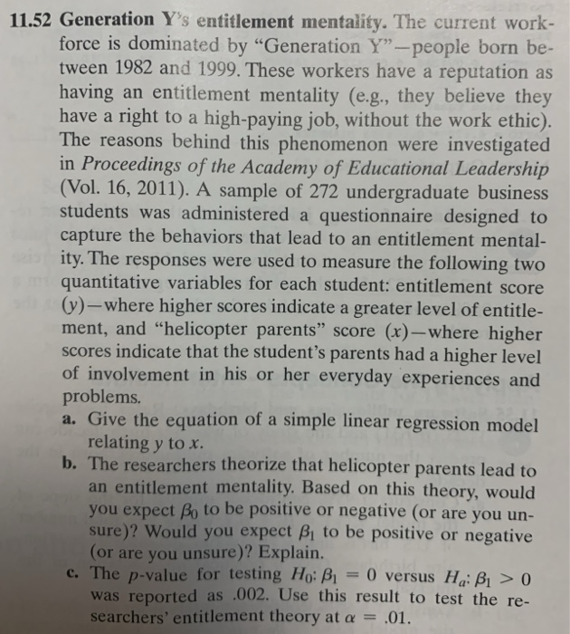 Solved 11.52 Generation Y's entitlement mentality. The | Chegg.com