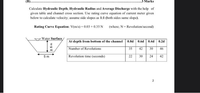 Solved (B). Marks Calculate Hydraulic Depth, Hydraulic | Chegg.com