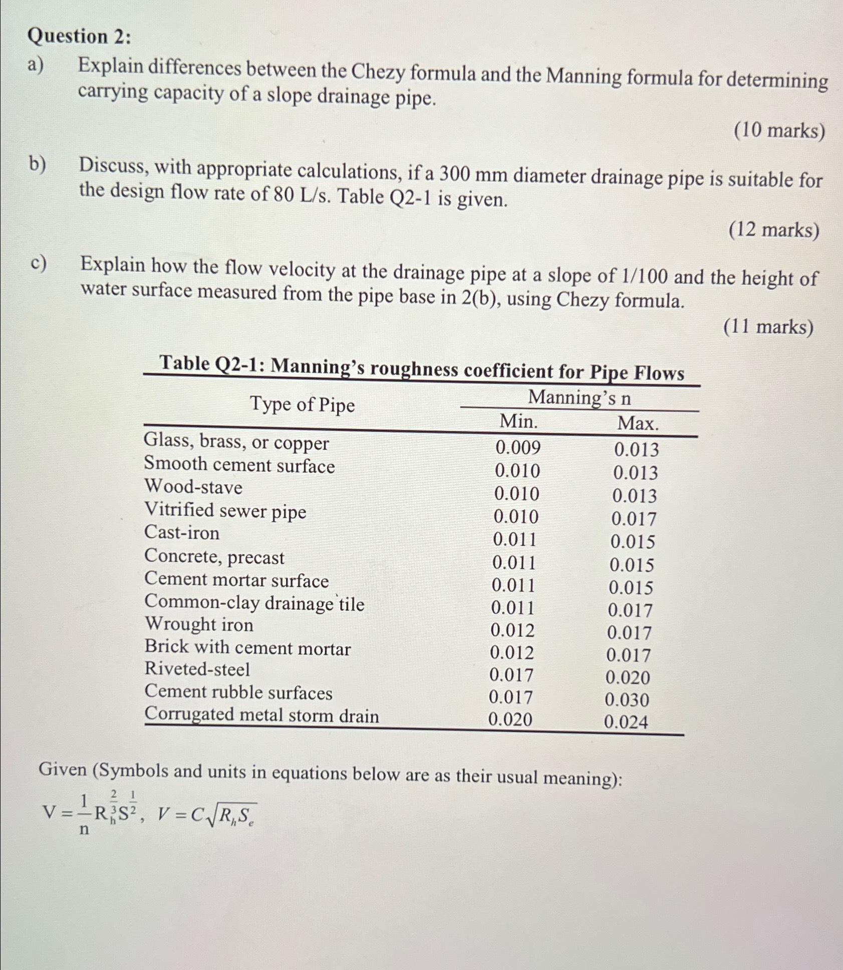 Solved Question 2:a) ﻿Explain differences between the Chezy | Chegg.com