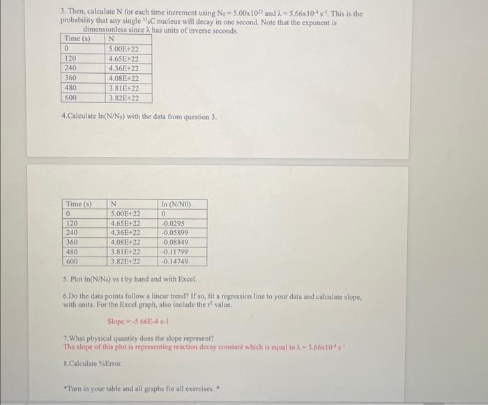 Solved 8.Calculate \%Error.4. Calculate ln(N/N0) with the | Chegg.com