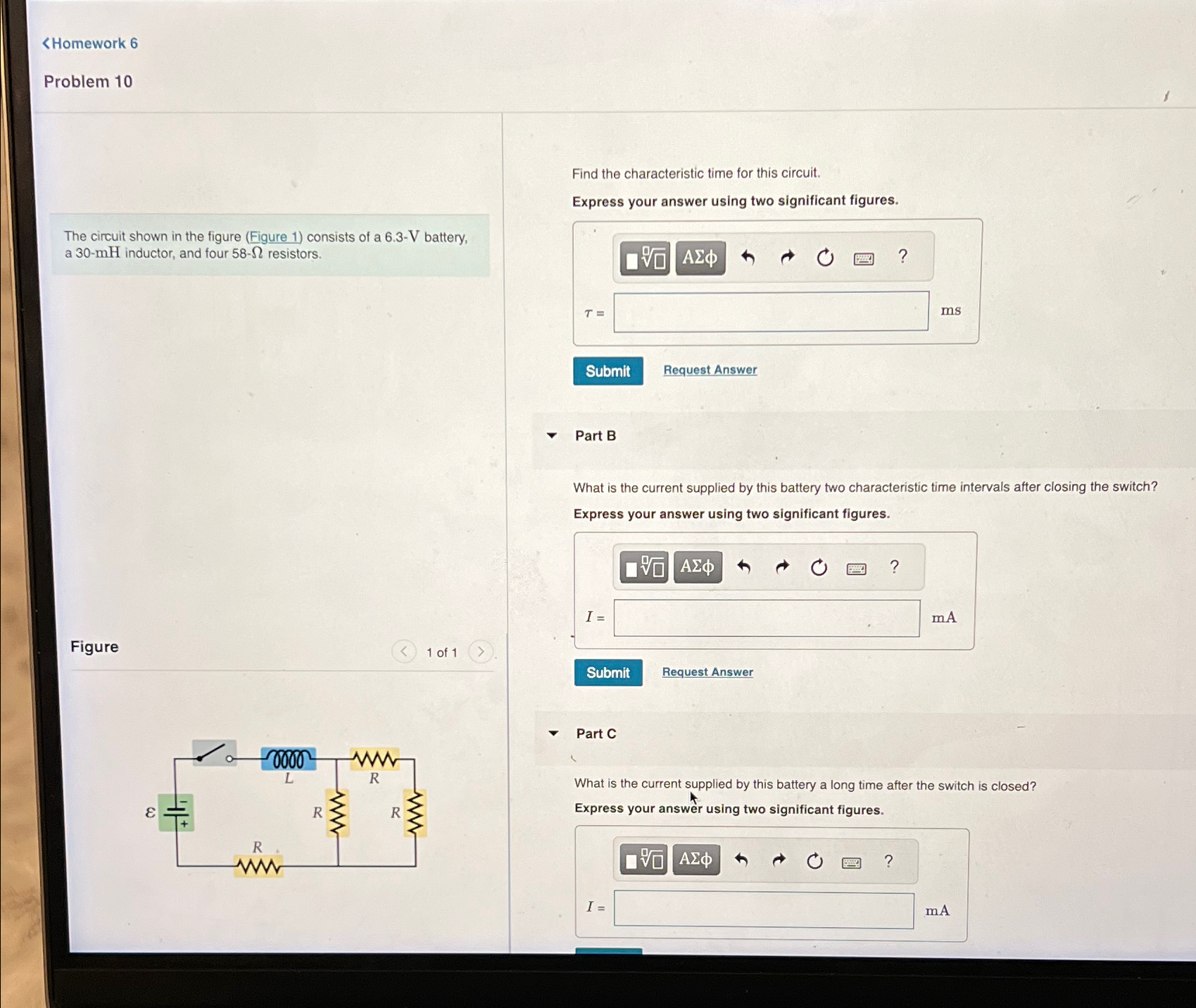 Solved 30-mH58-ΩI=I=mAmsI= mA6.3-V ﻿battery, a 30-mH | Chegg.com