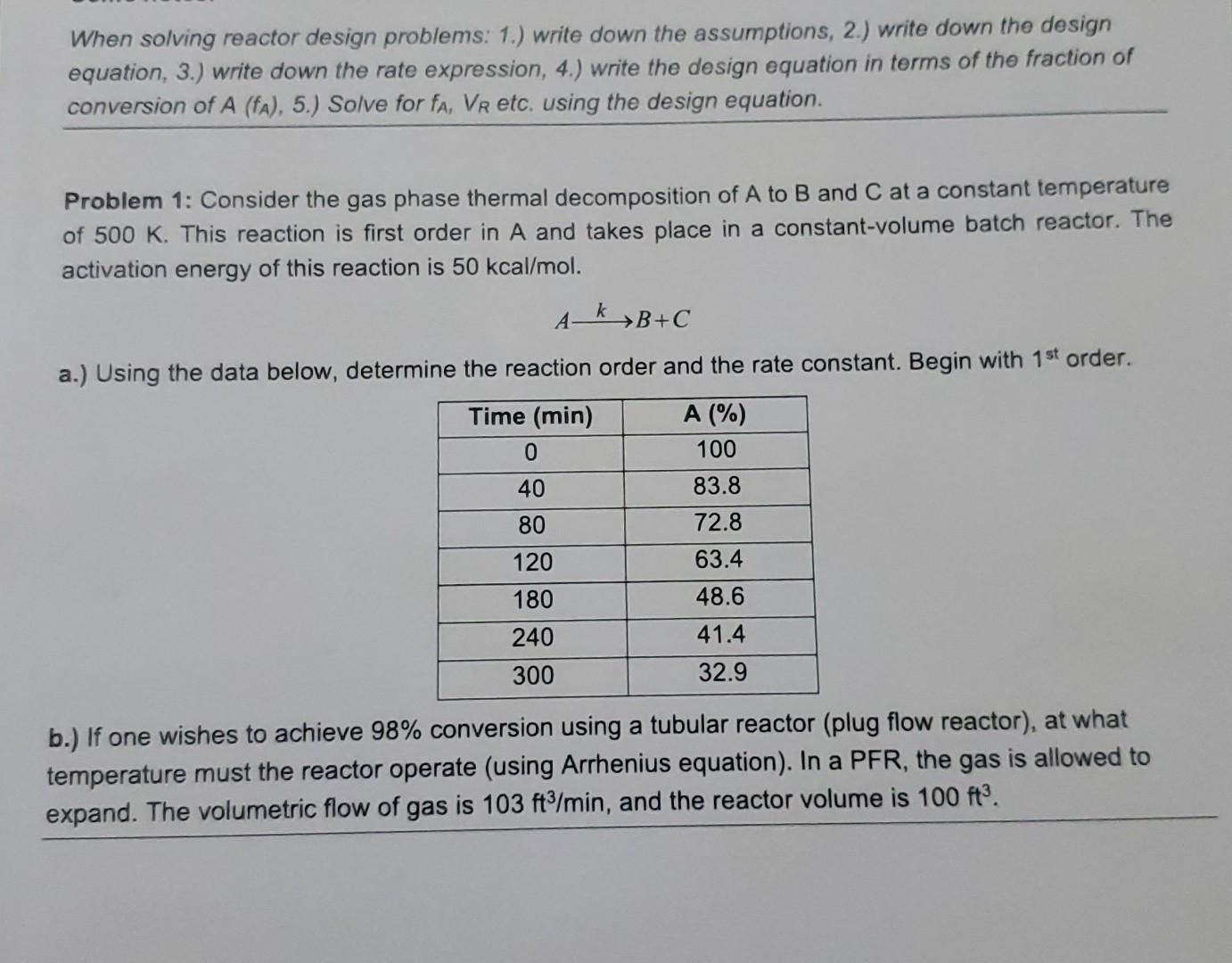 Solved When solving reactor design problems: 1.) write down | Chegg.com