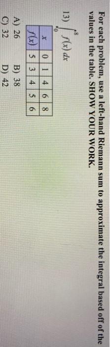 Solved For each problem, use a left-hand Riemann sum to | Chegg.com