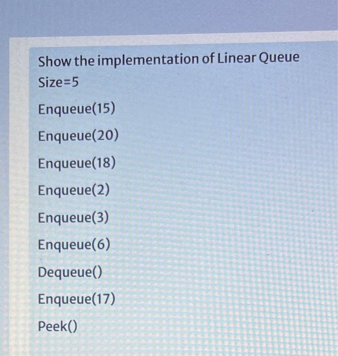 Solved Show the implementation of Linear Queue Size =5 | Chegg.com