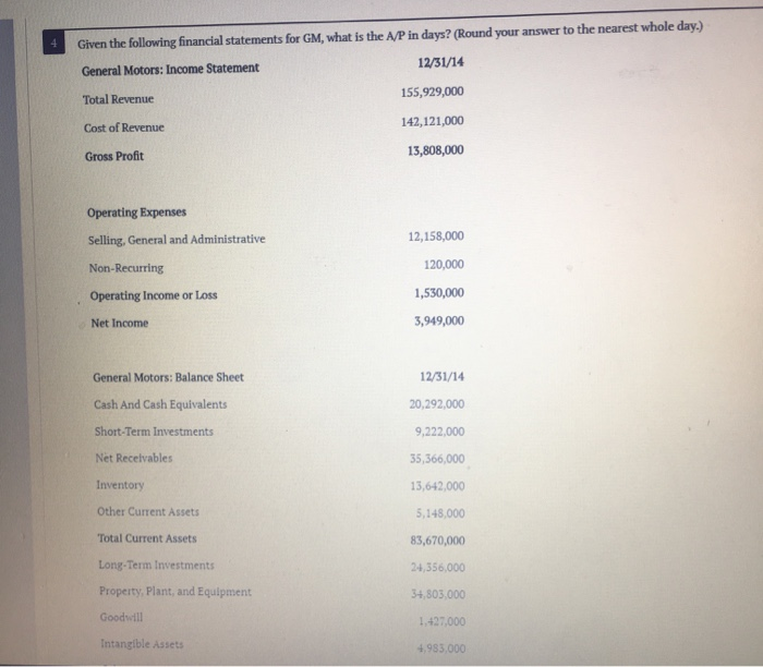 Solved Given the following financial statements for GM, what | Chegg.com