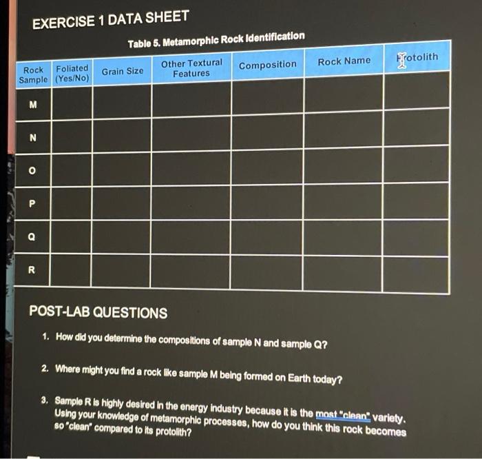 Solved EXERCISE 1 DATA SHEET Table 5. Metamorphic Rock | Chegg.com