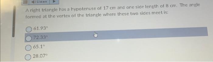 Solved A right triangle has a hypotenuse of 17 cm and one | Chegg.com