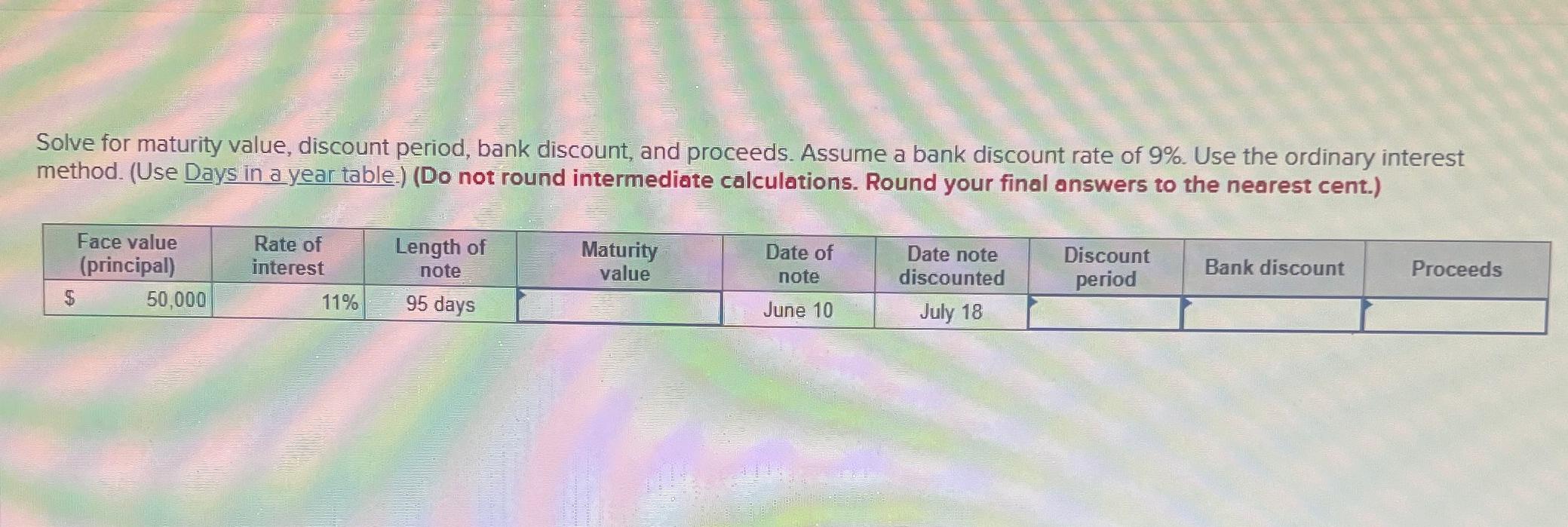 Solved Solve for maturity value, discount period, bank | Chegg.com